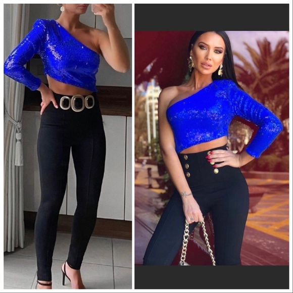 Zara | Tops | Nwt Zara Blue Sequin Asymmetric Top | Poshmark